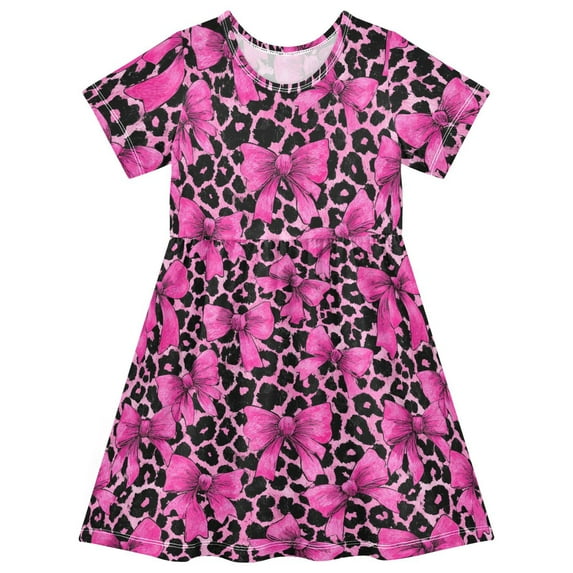 Bow and Leopard Print Short Sleeve Dress A-Line Cute Midi Casual ...