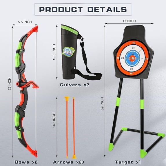 LED Light Up Bow and Set for Kids, 2-Pack with 20 Suction Cup Arrows ...