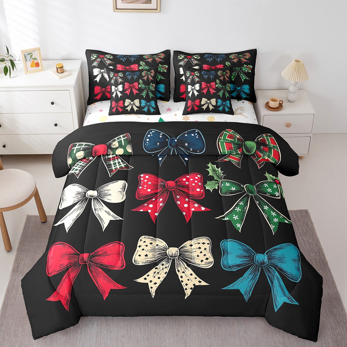 Bow Comforter 7 Pieces Princess Style Bedding Set,Buffalo Plaid Decor ...
