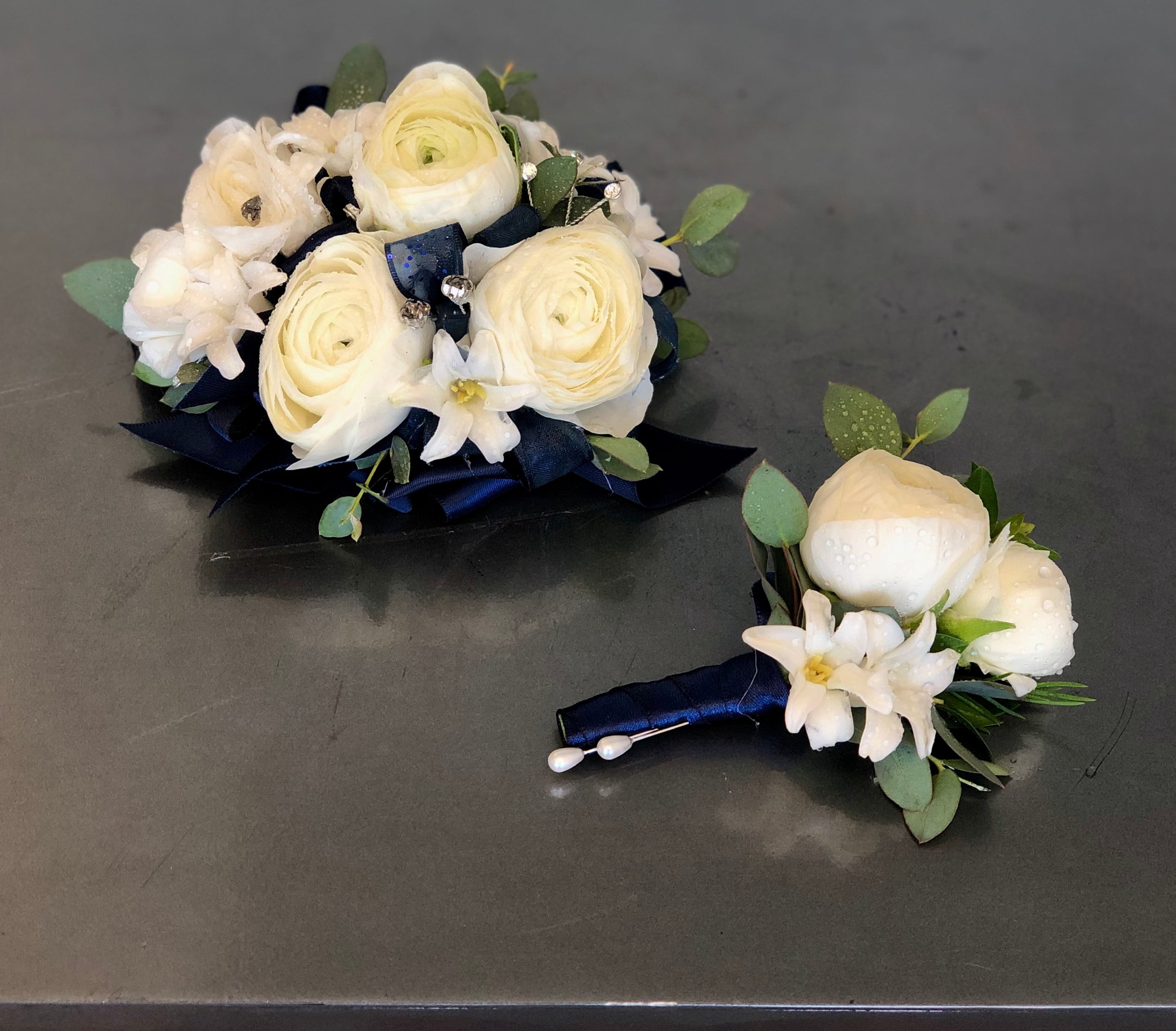 BowKay Designs LLC Premium Navy and White Prom Corsage and Boutonniere ...