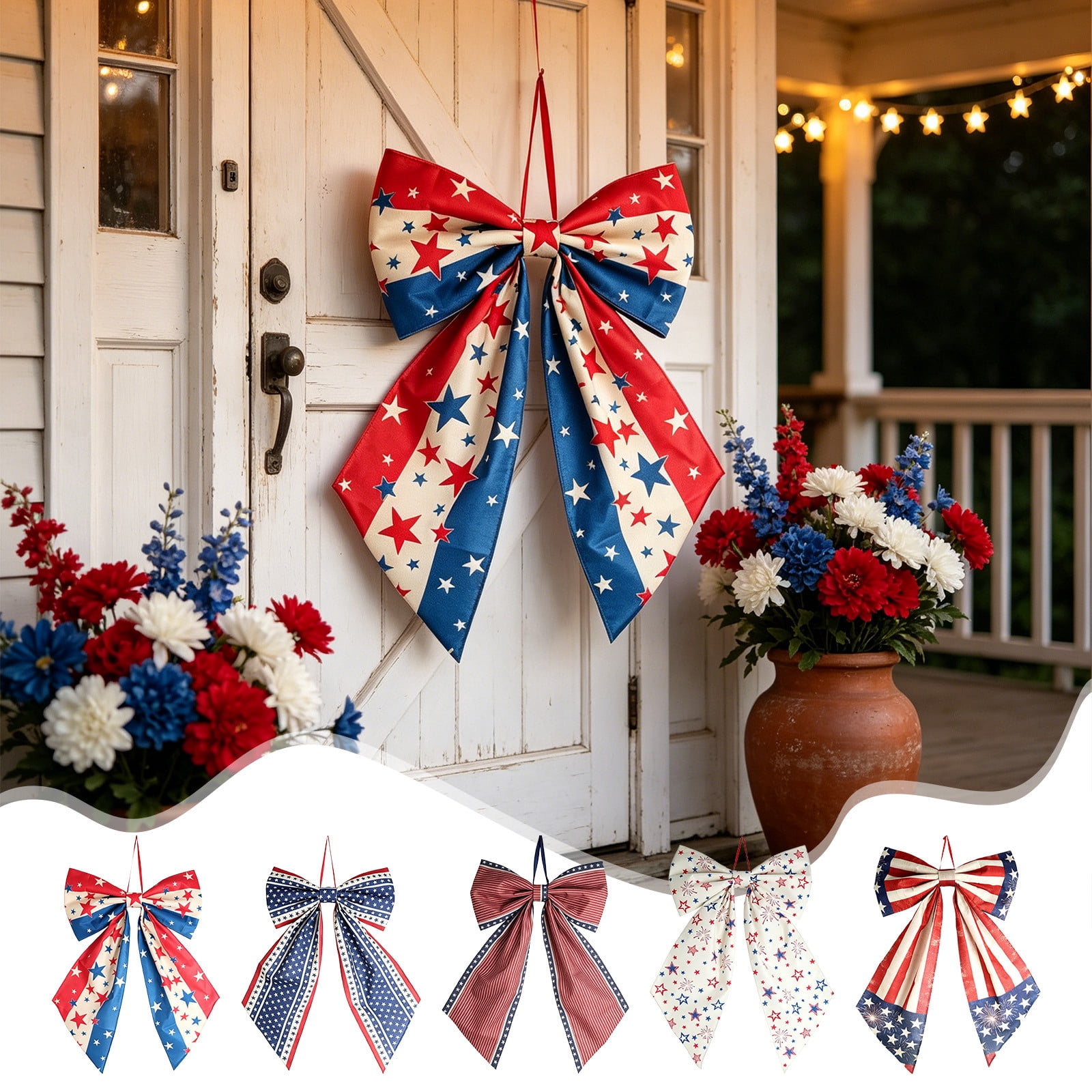 Bowayaoa 4th of July Star Pattern Fabric Bow, Patriotic Ornament ...