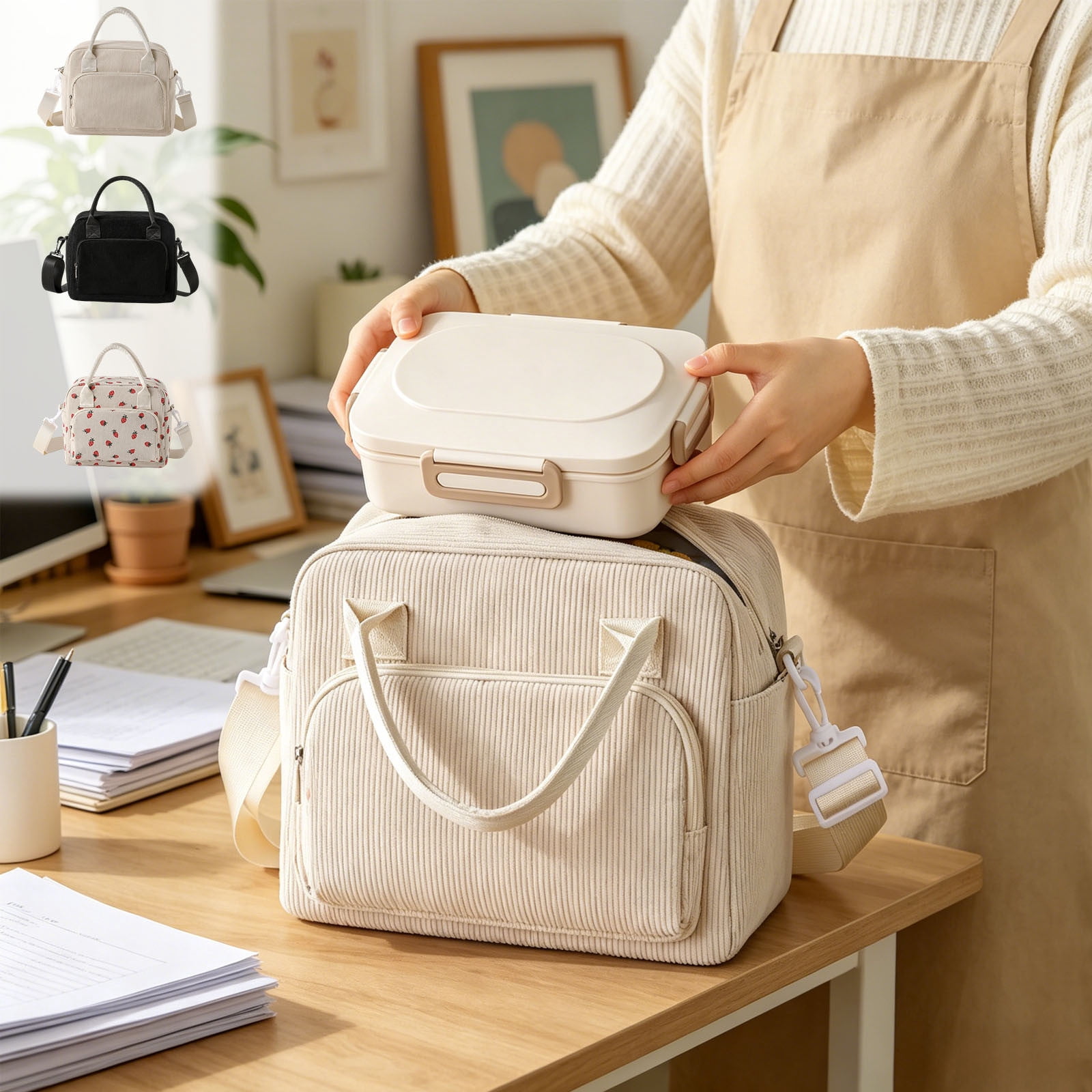 Bowayaoa Corduroy Insulated Lunch Bag, Leakproof Thermal Cooler Tote ...
