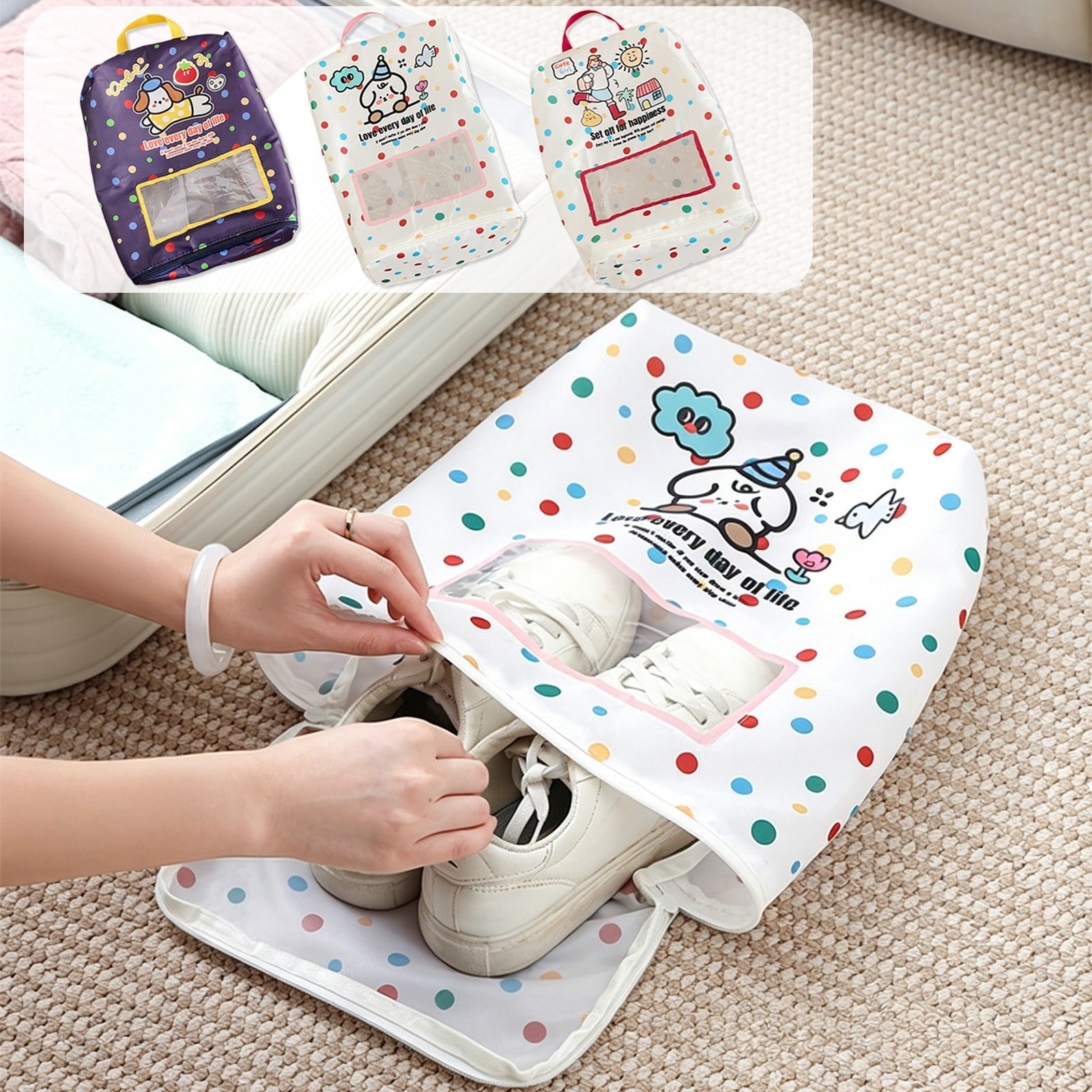 Bowayaoa Printed Polyester Travel Shoe Storage Bag, Clear Window Zipper ...