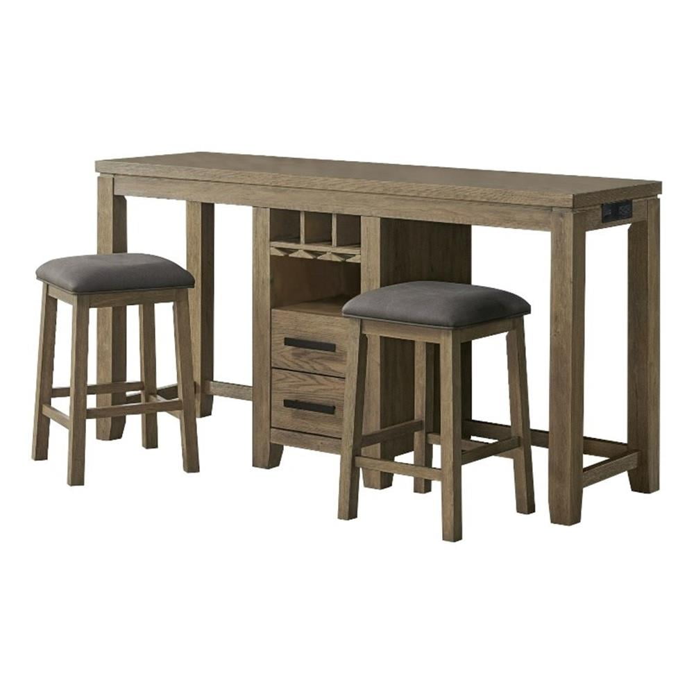Bowery Hill 3PC Wood Sofa Console Bar Table Set USB/Wine Rack 2 Stools ...