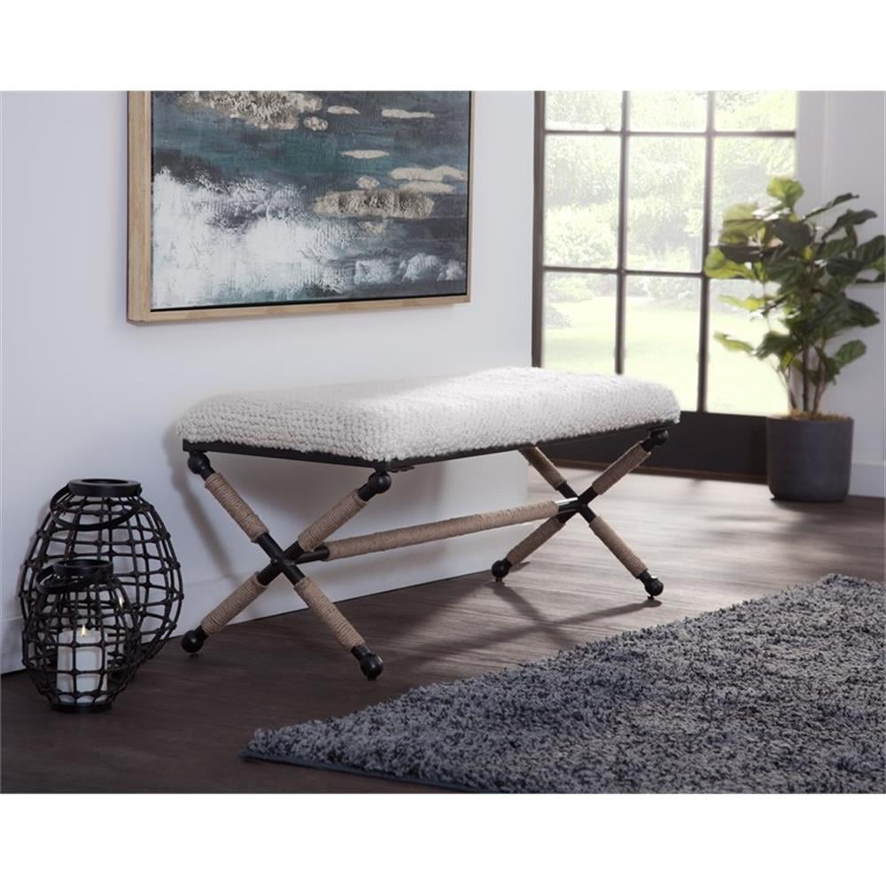 Bowery Hill 48 Inch Ivory Chunky Boucle Fabric Upholstered Accent Bench ...