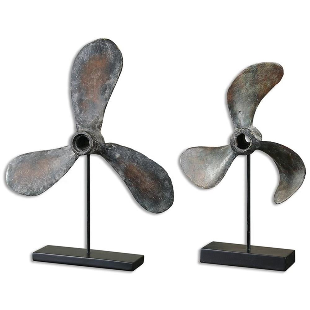 Bowery Hill Contemporary Metal Rust Propeller Sculptures in Black (Set ...