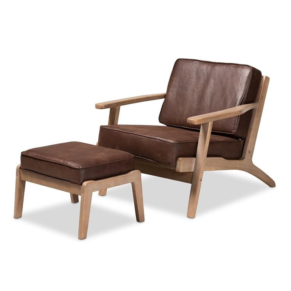 Bowery Hill Dark Brown Faux Leather Oak Armchair and Ottoman Set ...