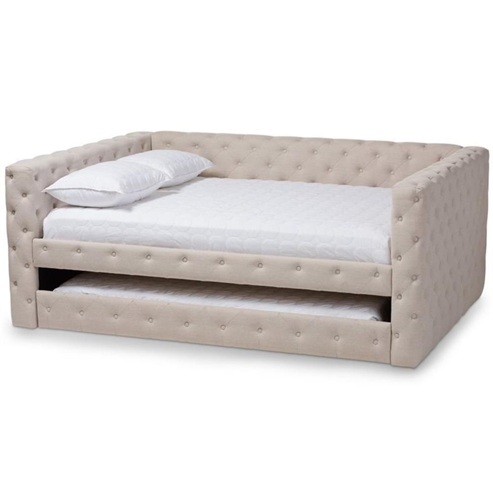 Bowery Hill Fabric Tufted Full Daybed w/ Trundle in Light Beige ...