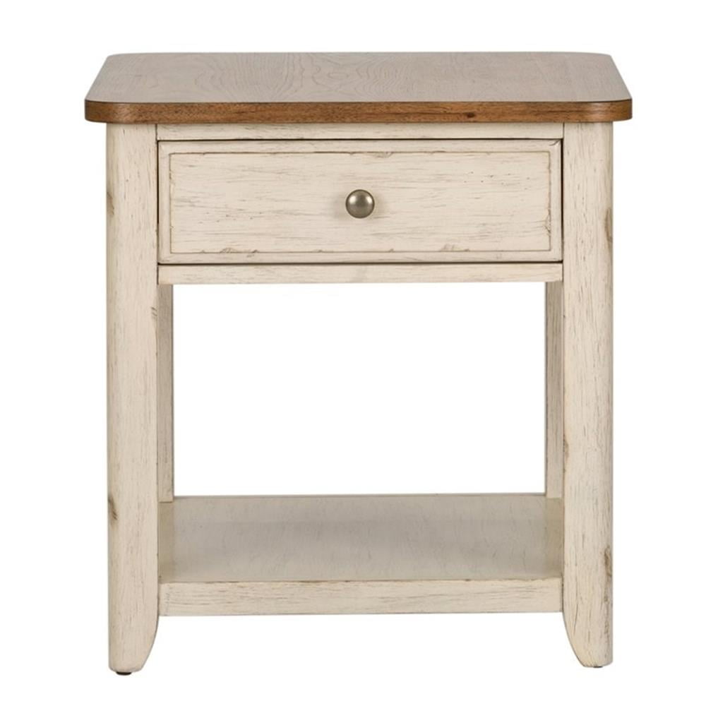 Bowery Hill Farmhouse Wood Reimagined White End Table with Basket ...
