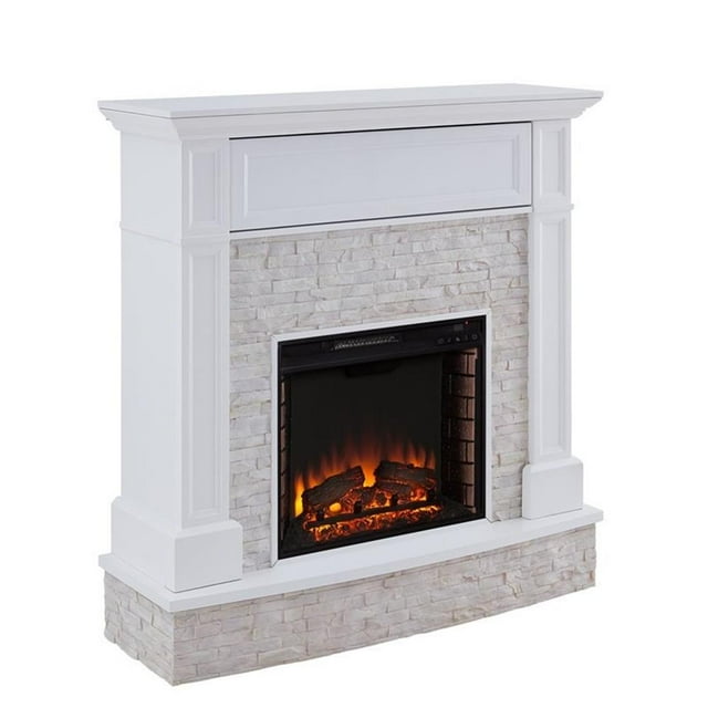 Bowery Hill Faux Stone Electric Fireplace TV Stand in White Finish ...