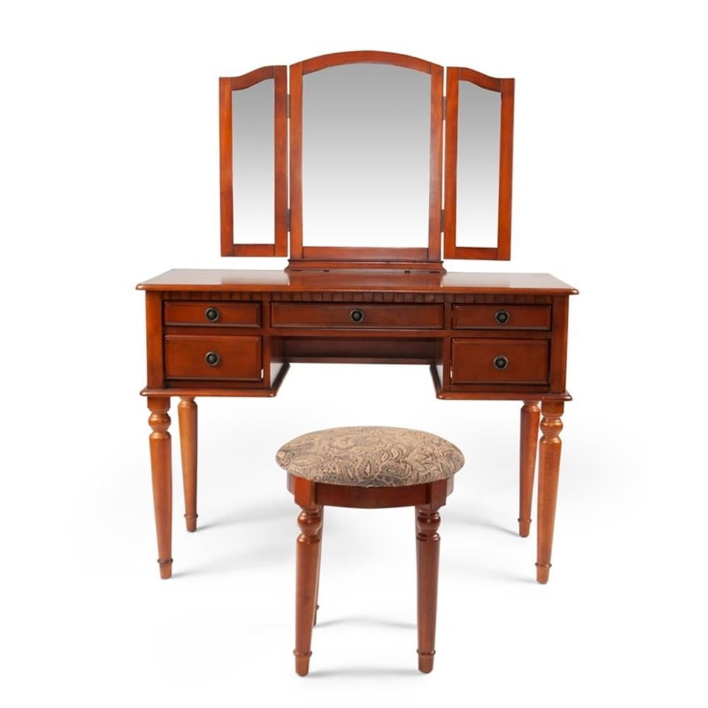 Bowery Hill Manufactured Wood Cherry Vanity Set Tri-Fold Mirror 54 ...