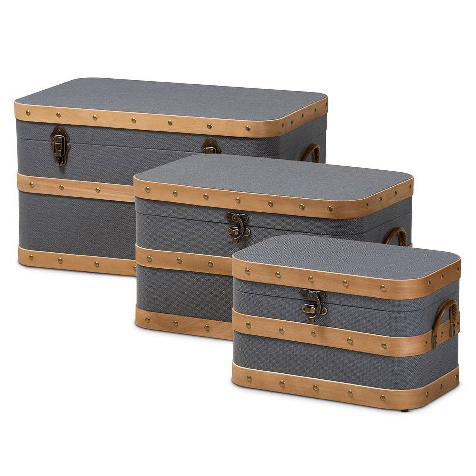 Bowery Hill Grey Upholstered Oak Finished 3-Piece Storage Trunk Set ...