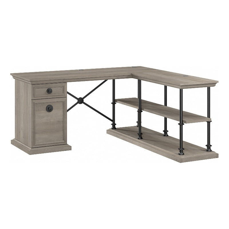 Bowery Hill L Shaped Desk with Storage in Driftwood Gray - Engineered ...