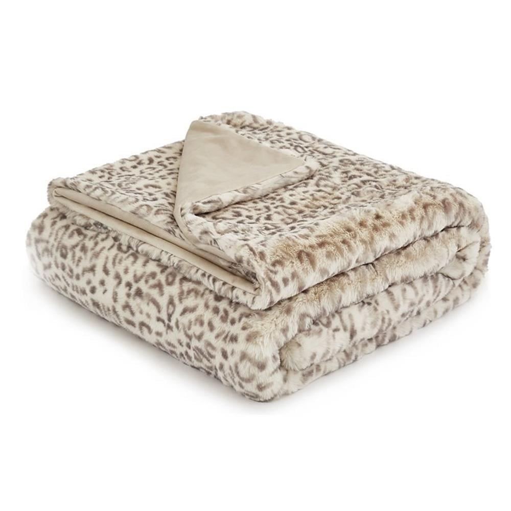 Bowery Hill Snow Leopard 54x72" Plush Faux Fur Fabric Throw in Natural ...