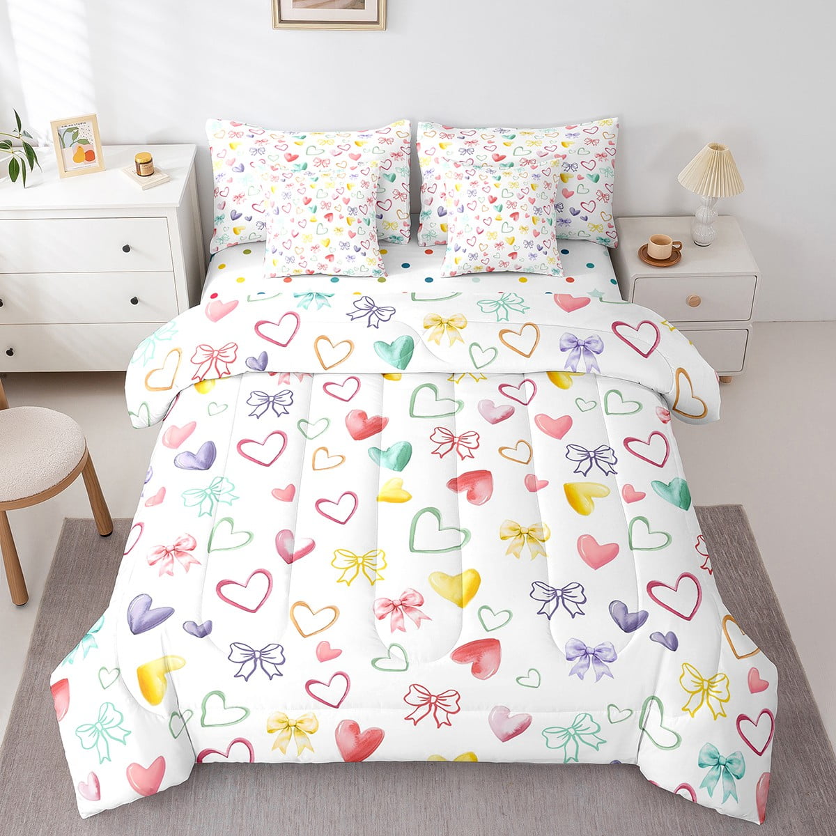 Bowknot Bedding Set King 7 Pcs,Rainbow Love Heart Bed in a Bag with ...