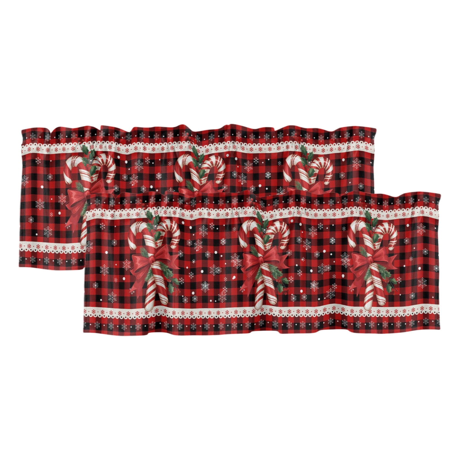 Bowknot Candy Canes 2 Panels Kitchen Valance, Xmas Holly Snowflakes ...