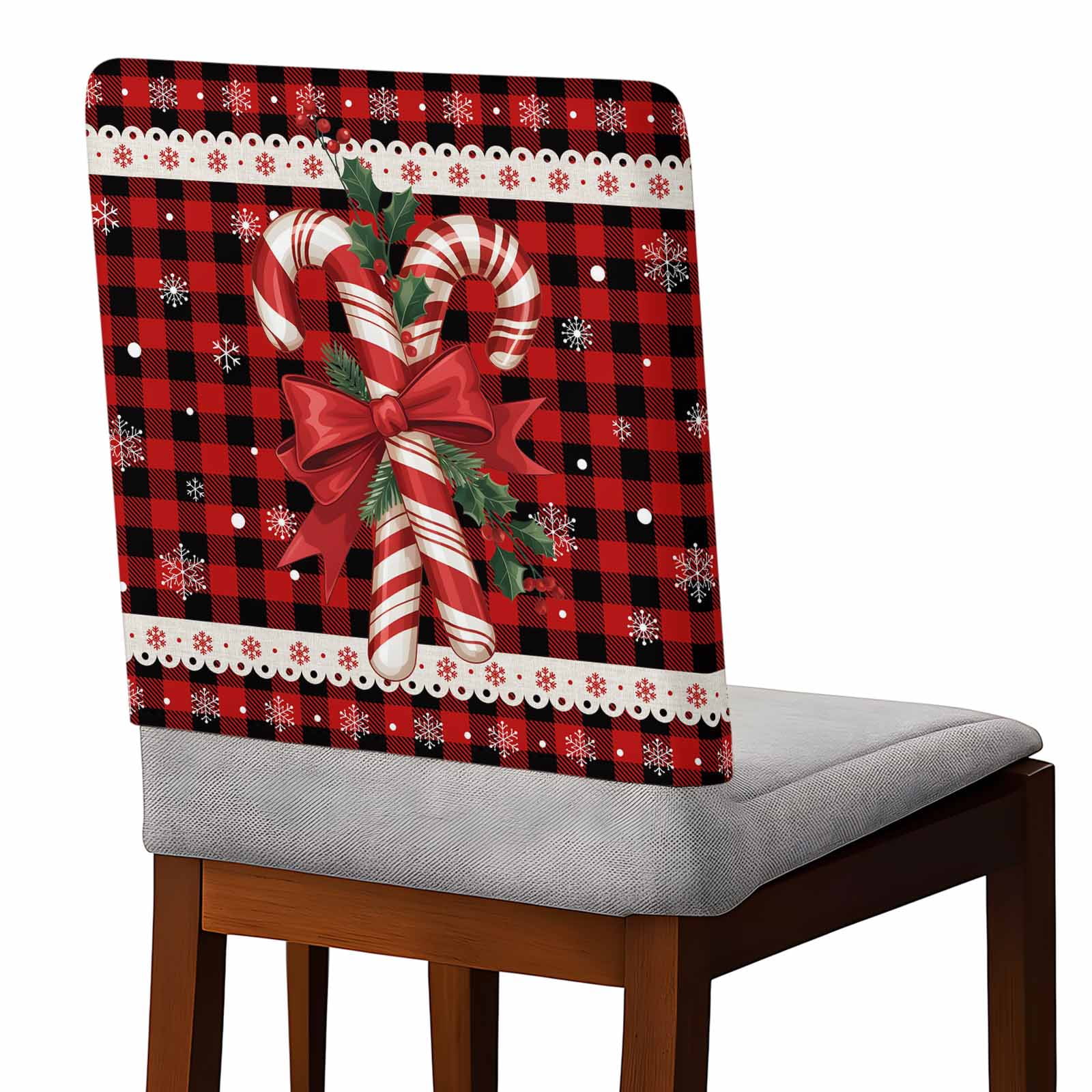 Bowknot Candy Canes Chair Covers Set of 4 Xmas Holly Snowflakes White ...