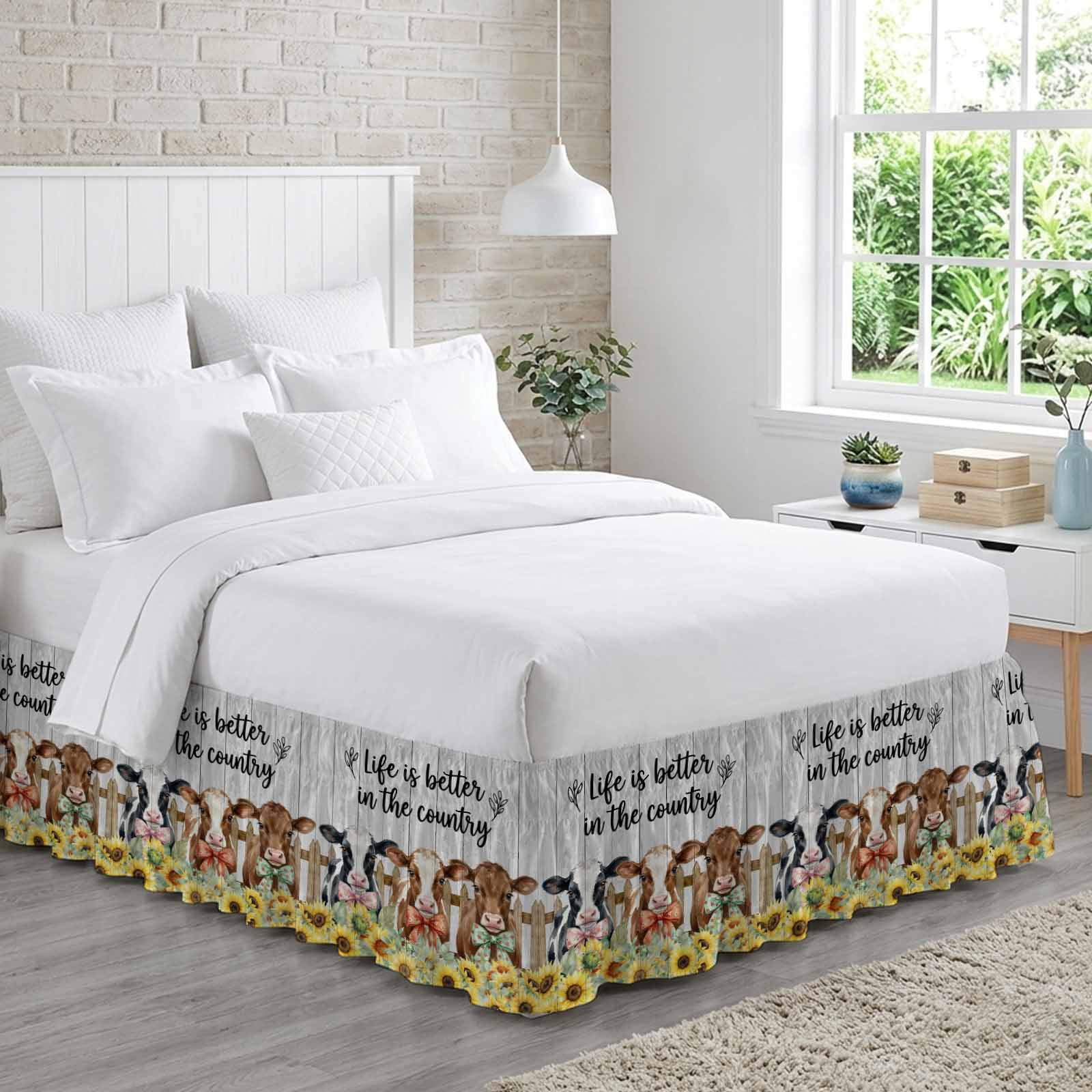 Bowknot Cow Bed Skirt Queen Size 18 Inch Drop, Retro Fence Cows ...