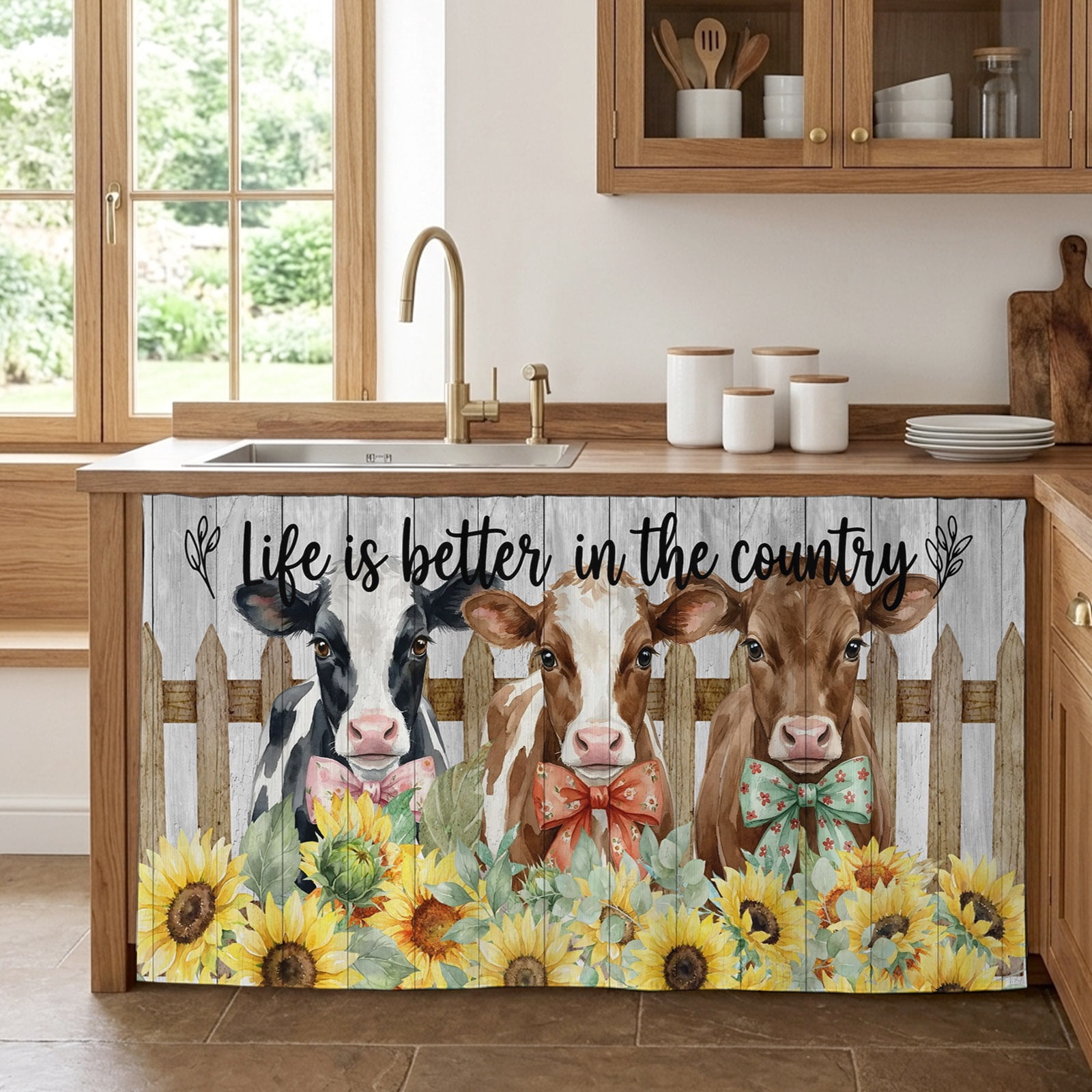 Bowknot Cow Cabinet Curtains 32" W x 55" L Retro Fence Cows Sunflowers ...