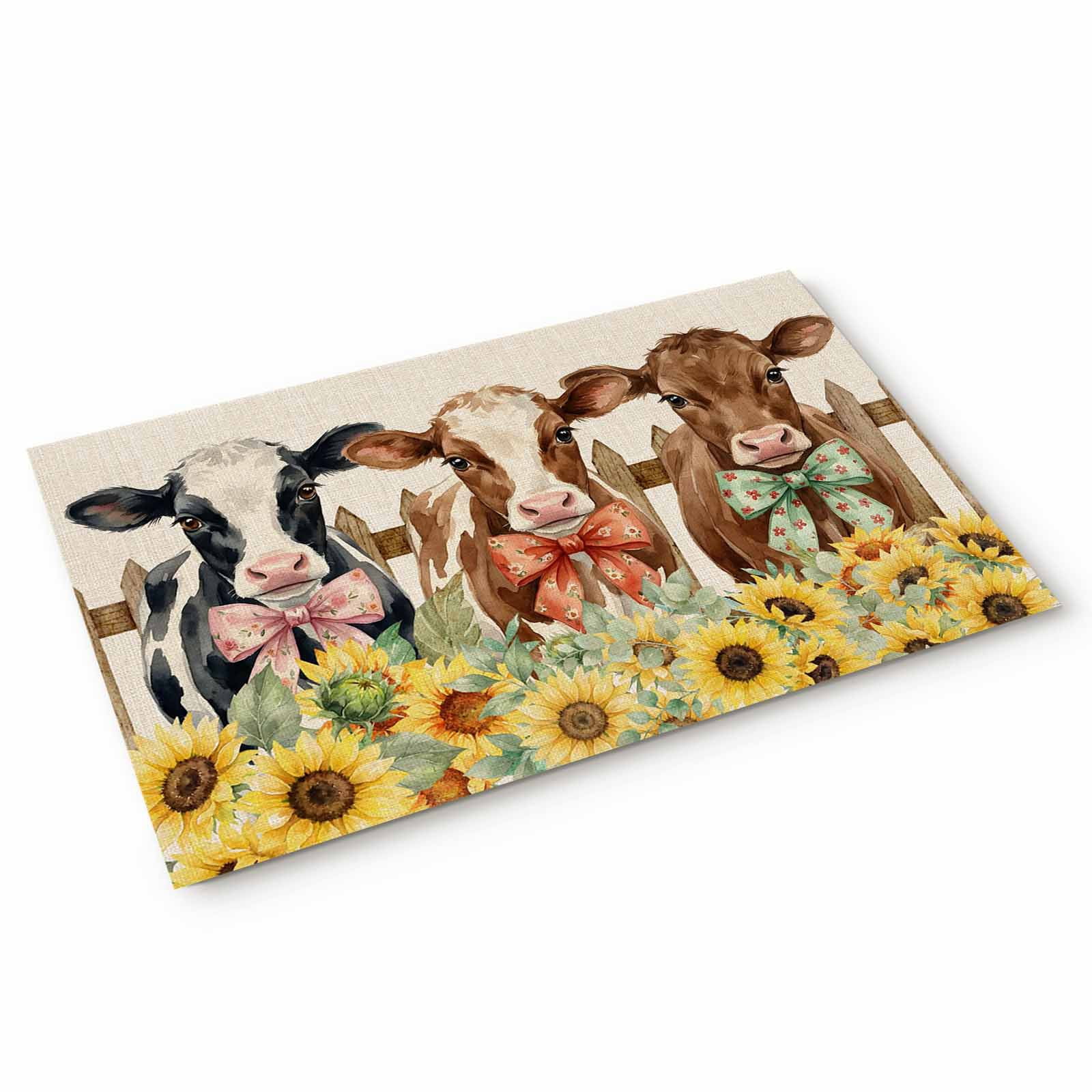 Bowknot Cow Door Mat Retro Fence Cows Sunflowers Floral Linen Texture ...