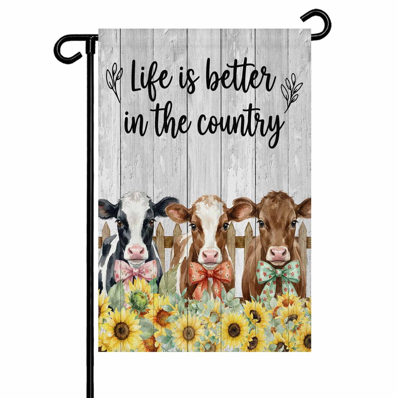 Bowknot Cow Garden Flag 28x40 Inch Retro Fence Cows Sunflowers Floral ...