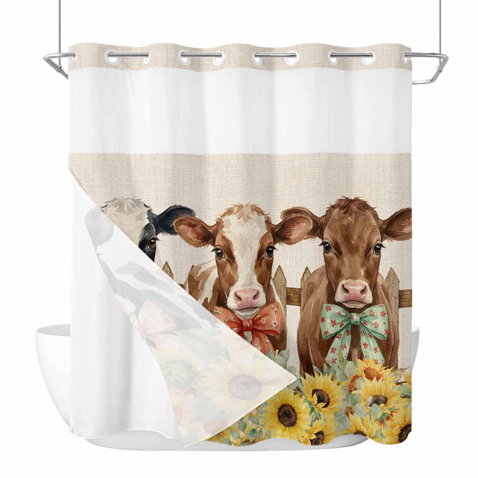 Bowknot Cow No Hook Shower Curtain with Snap in Liner Retro Fence Cows ...