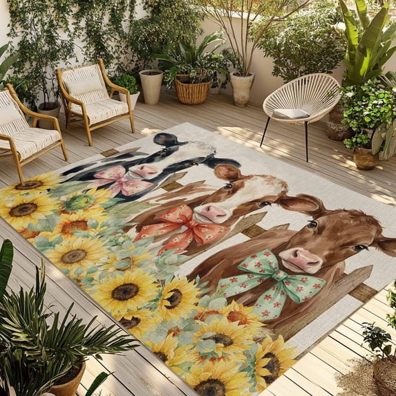Bowknot Cow Outdoor Rug 6x9 ft Retro Fence Cows Sunflowers Floral Linen ...