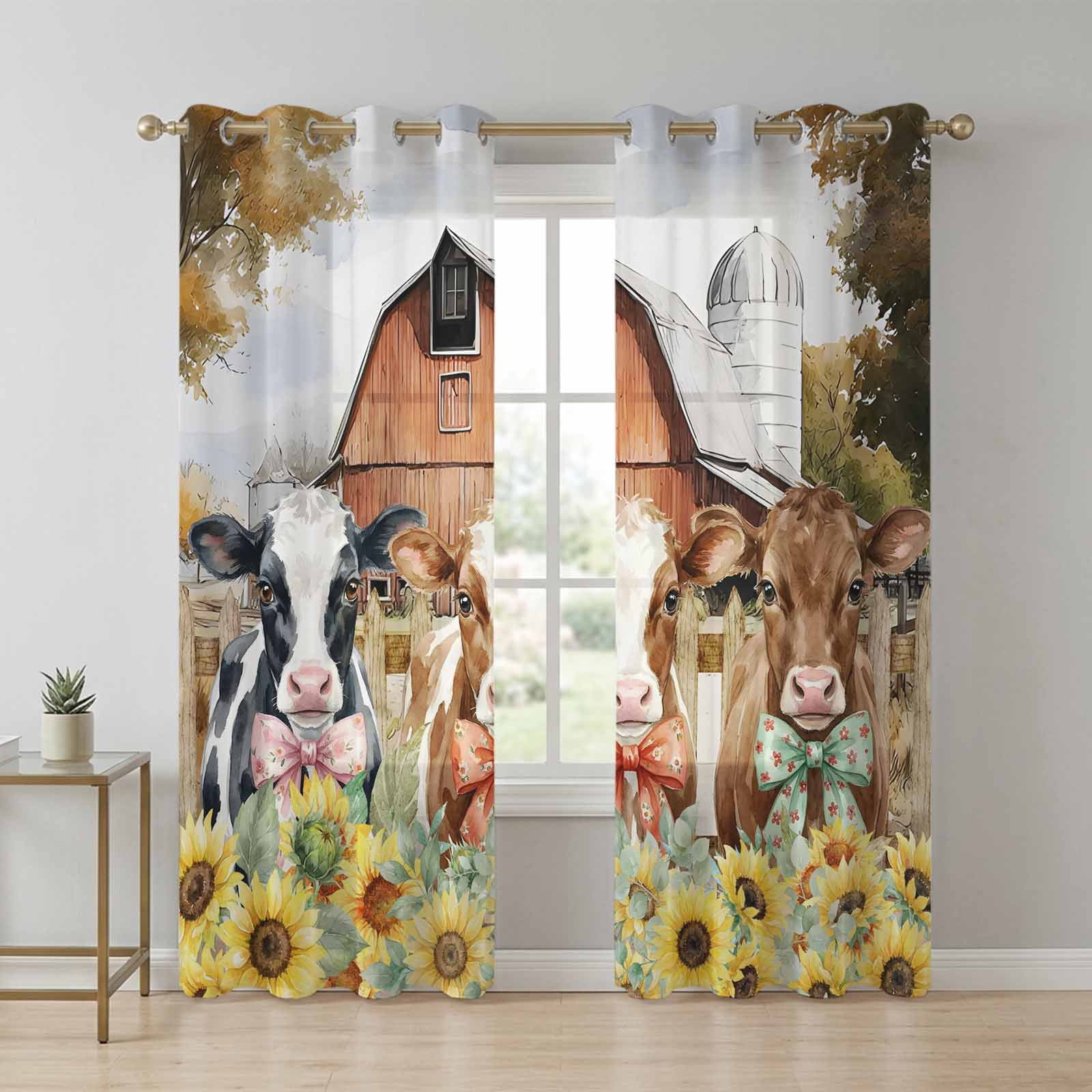 Bowknot Cow Sheer Curtains 96 Inch Long 2 Panels, Retro Barn Fence Cows ...