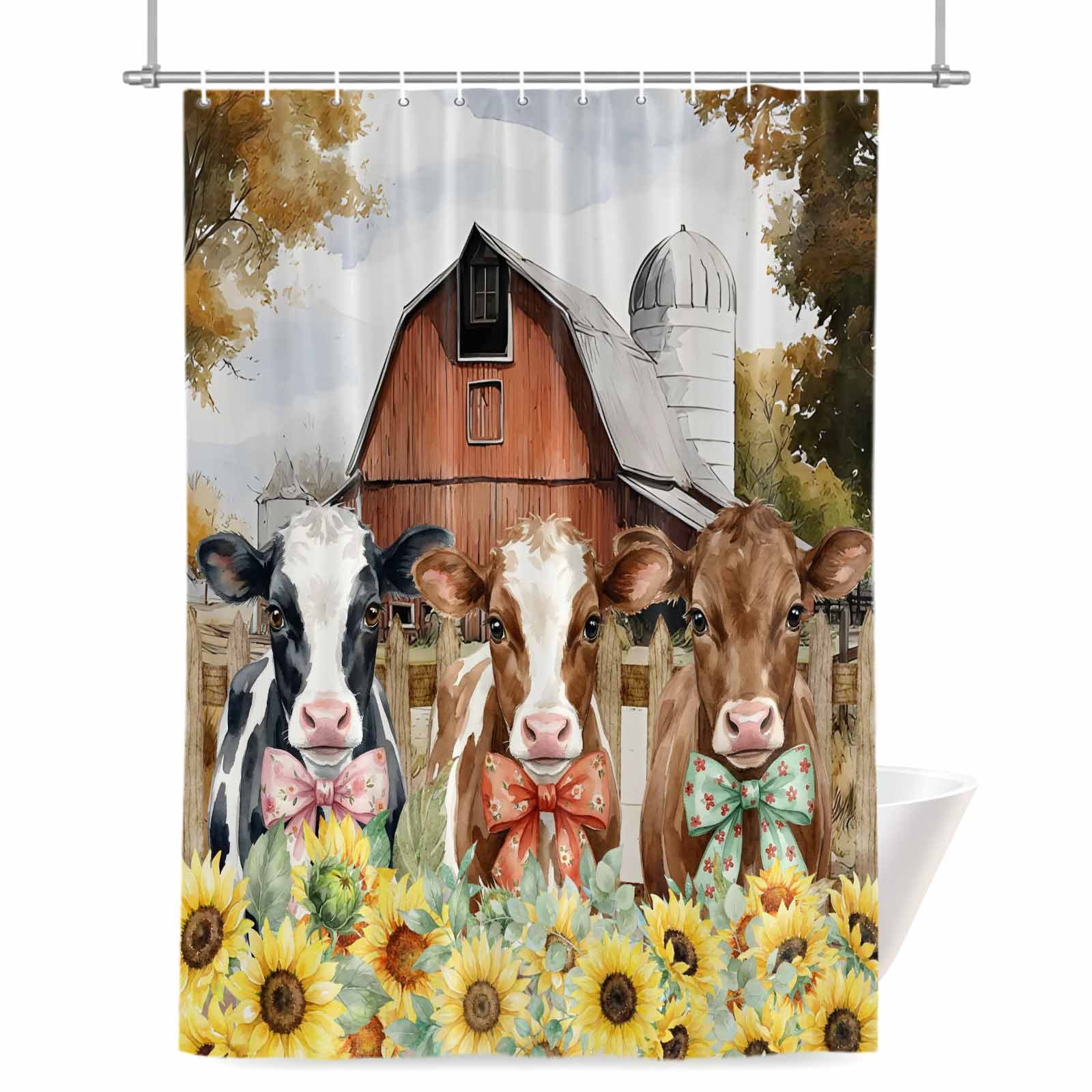 Bowknot Cow Shower Curtain, Retro Barn Fence Cows Sunflowers Floral ...