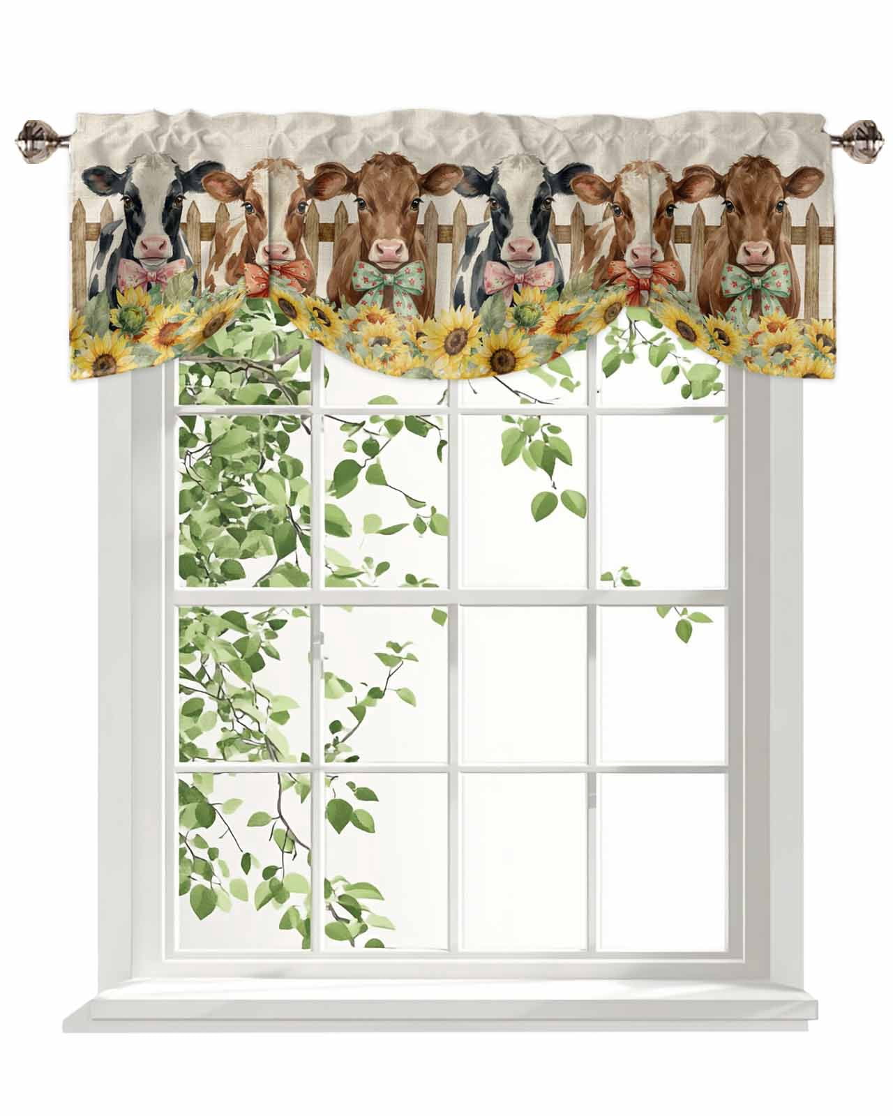 Bowknot Cow Tie Up Valances Curtain, Retro Fence Cows Sunflowers Floral ...