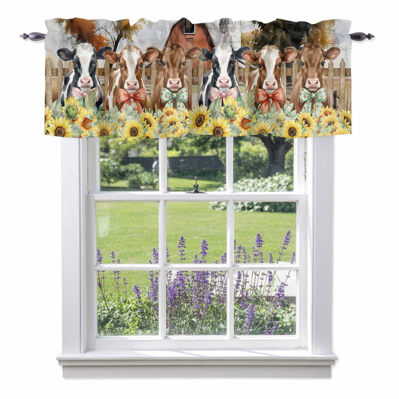Bowknot Cow Valances for Windows Retro Barn Fence Cows Sunflowers ...