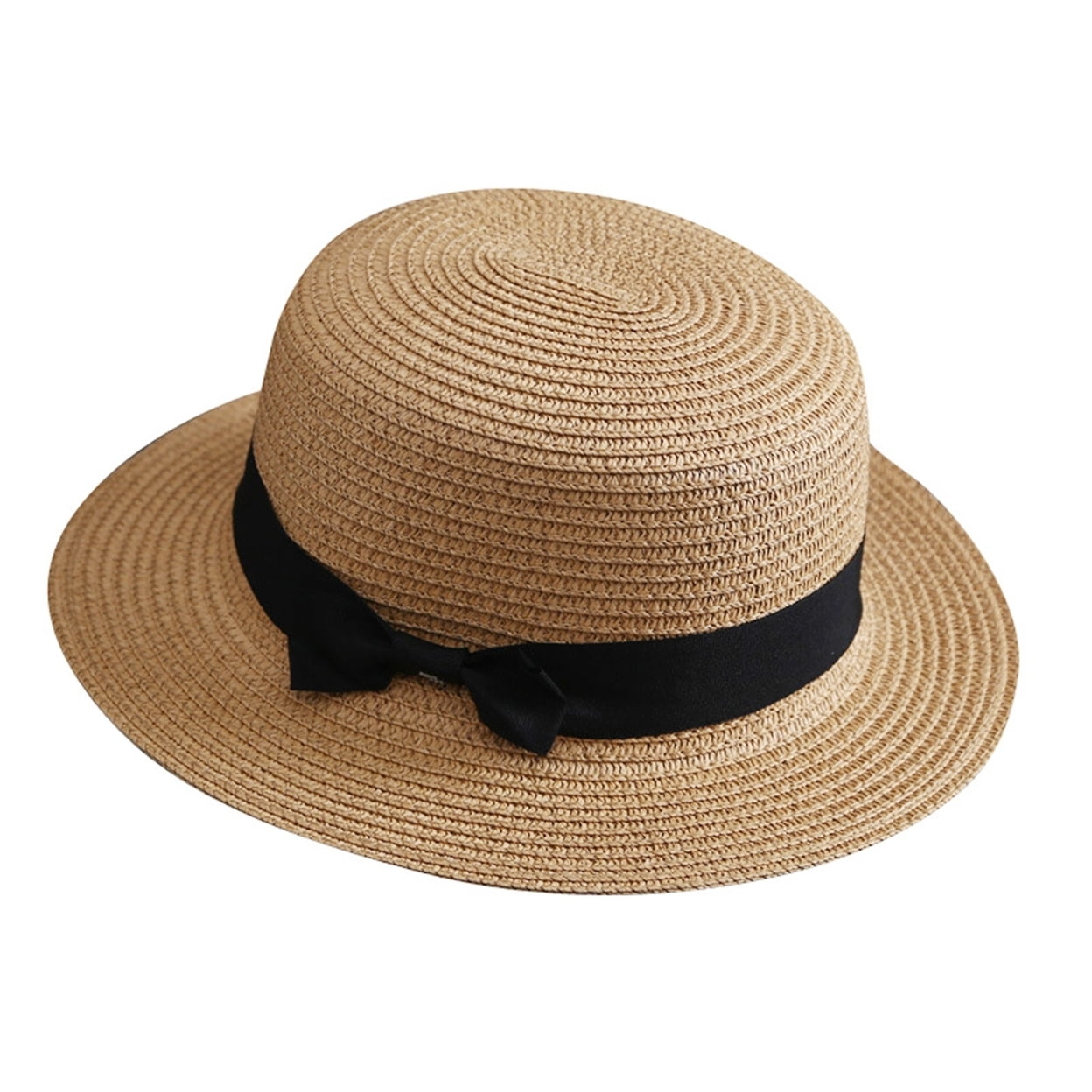 Bowknot Decor Flat Dome Straw Hat Folding Thin Women Wide Brim