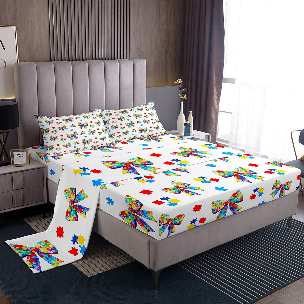 Bowknot Kids Sheet Twin Size,Building Blocks Puzzle Bow-tie Bedding Set ...