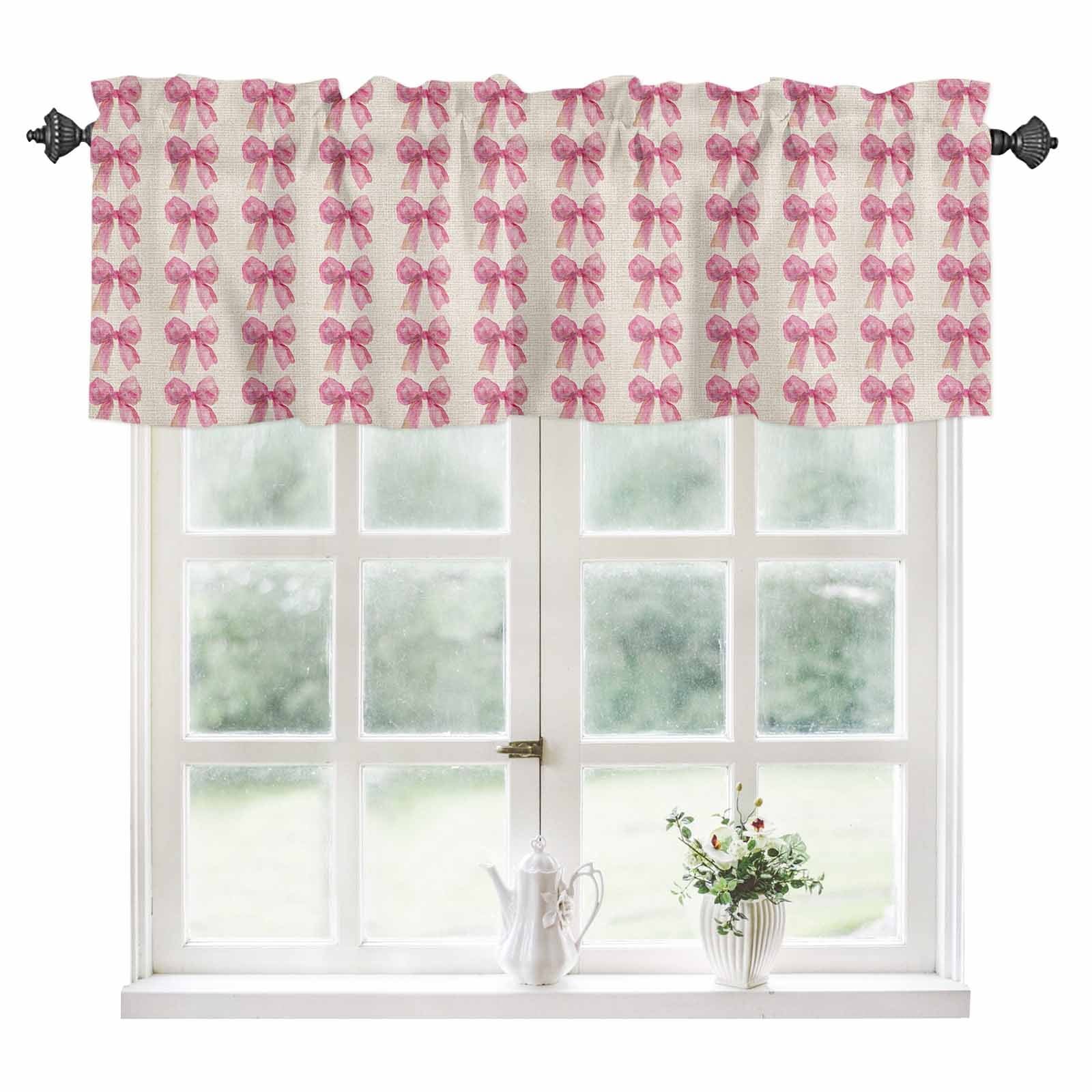 Bowknot Pink Kitchen Valances for Windows 42x12 Inch Kitchen Curtains ...