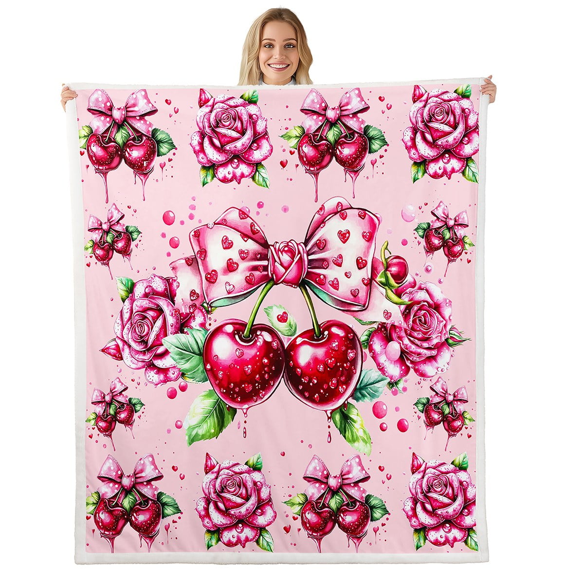 Bowknot Throw Blanket,Watercolor Tropical Cherry Roses Flowers Bed ...