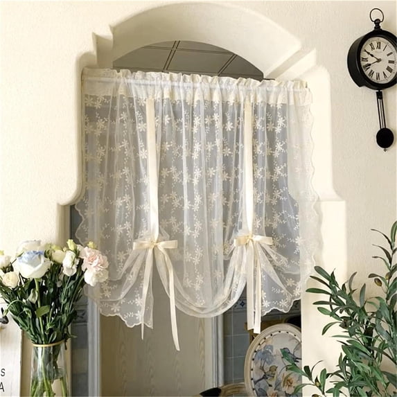 Bowknot Tie up Kitchen Curtain Floral Balloon Lace Sheer Curtain Tiers ...