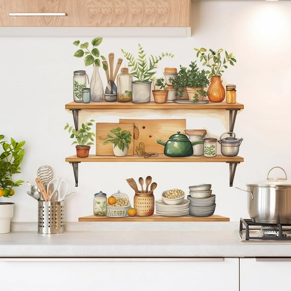 Bowl Kitchenware Utensil Shelf Wall Stickers, Potted Green Plants DIY ...