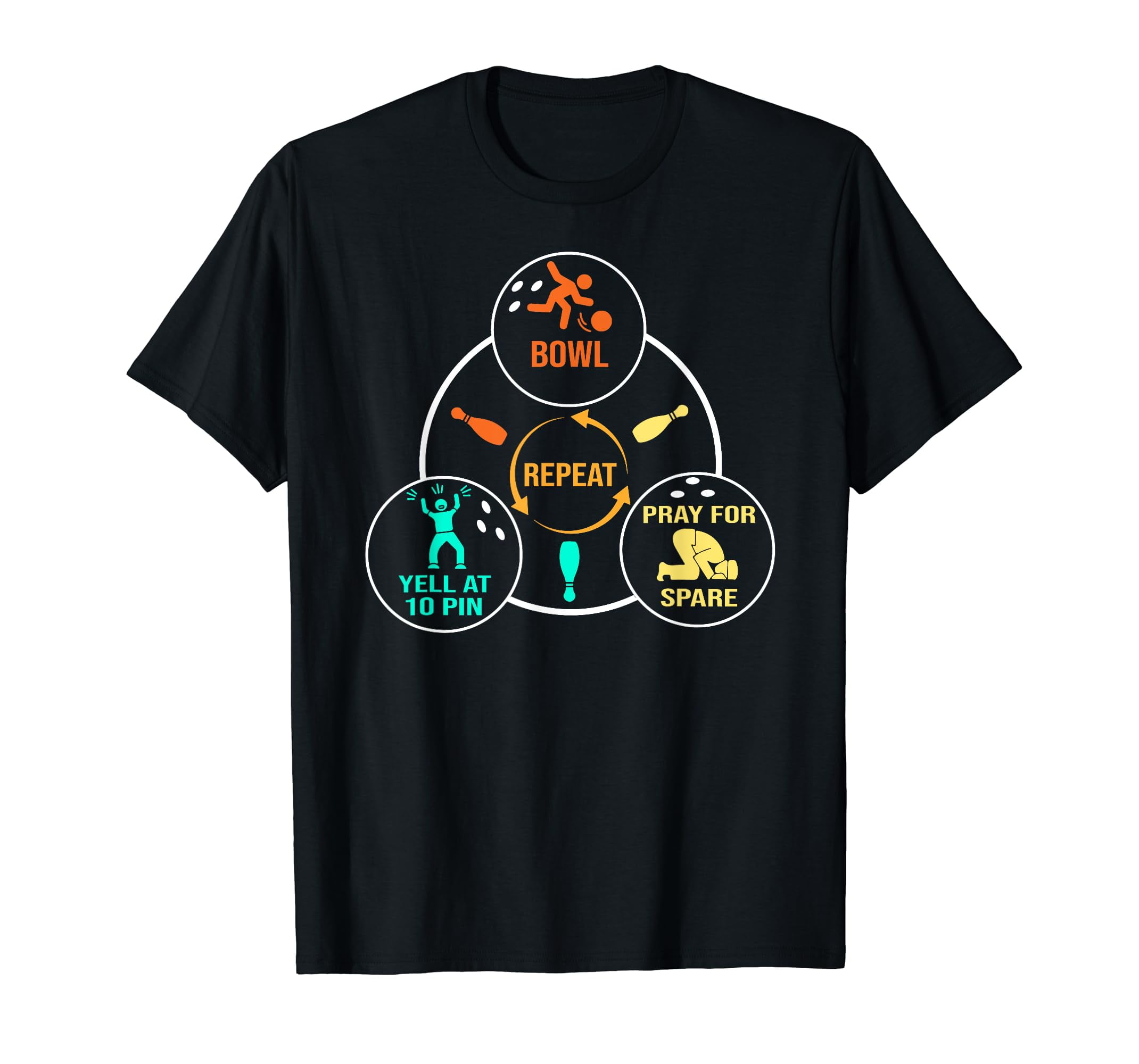 Bowl Yell at 10 Pin Pray for Spare Repeat Retro Bowling T-Shirt ...