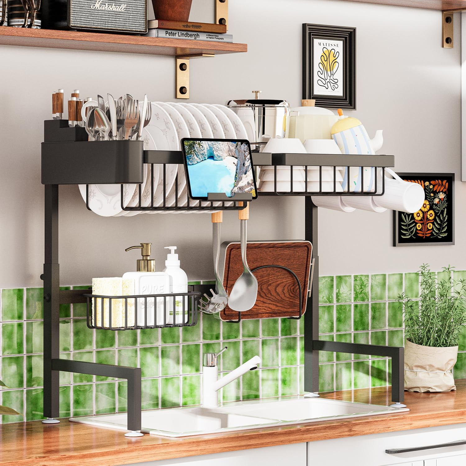 Bowl and plate drying rack above the sink, expandable in height and ...