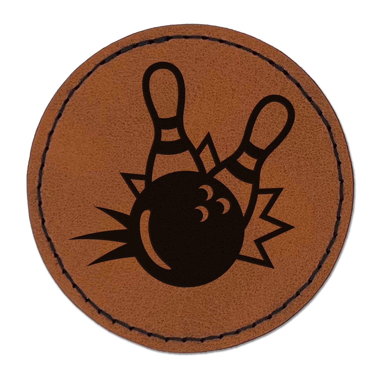 Bowling Ball Knocking Down Pins 2.5" Faux Leather Round Engraved Iron ...