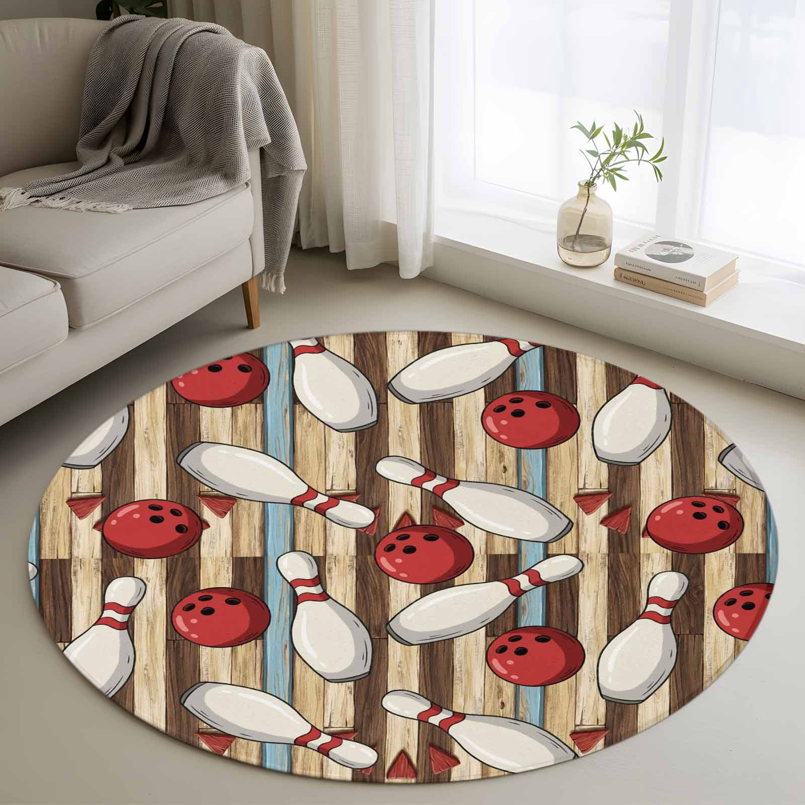 Bowling Balls 4FT Round Area Rugs Vintage Abstract Red Balls Bottles ...