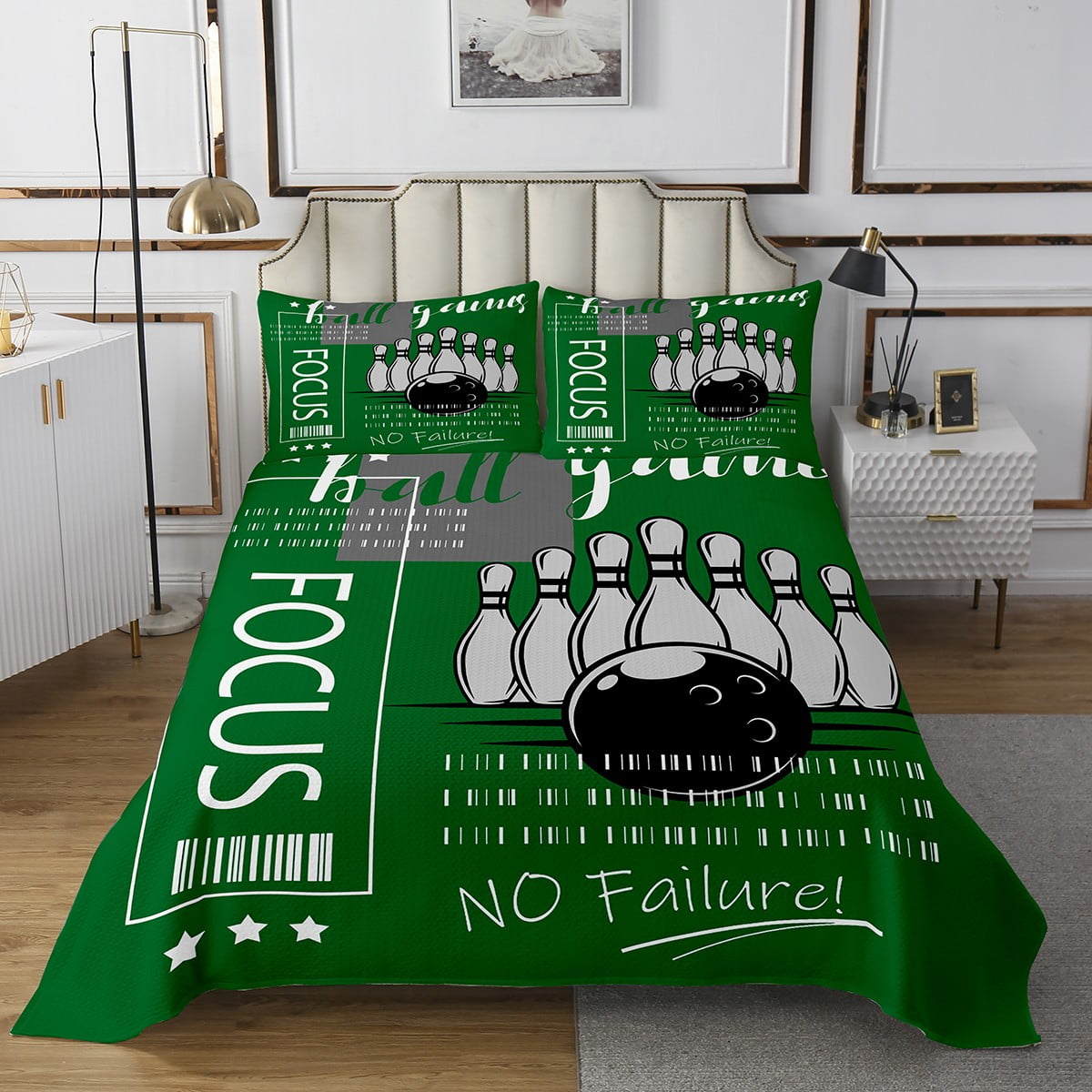 Bowling Bedding Set Queen Size Sports Themed Quilt Set Teens,Green ...