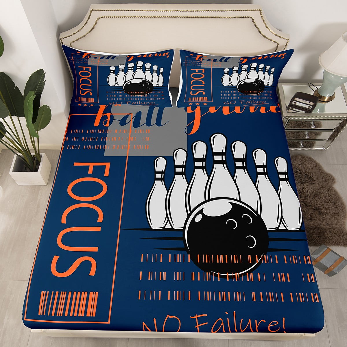 Bowling Fitted Sheet Full Size Kids Orange Blue Bowling Bedding Set for ...