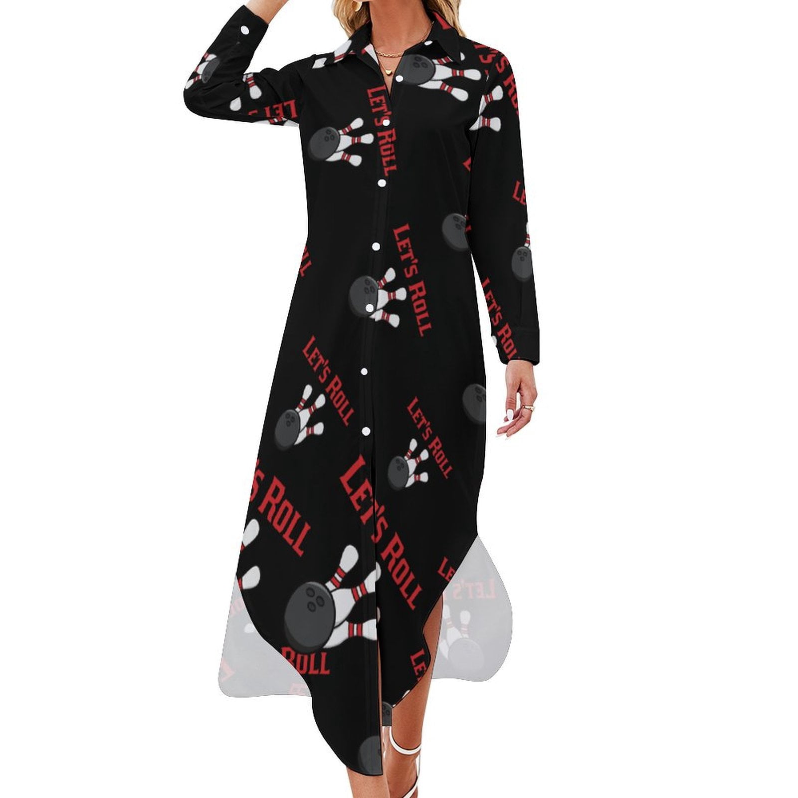 Bowling Let's Roll Women's Maxi T Shirt Dress Long Sleeve Lapel Summer ...