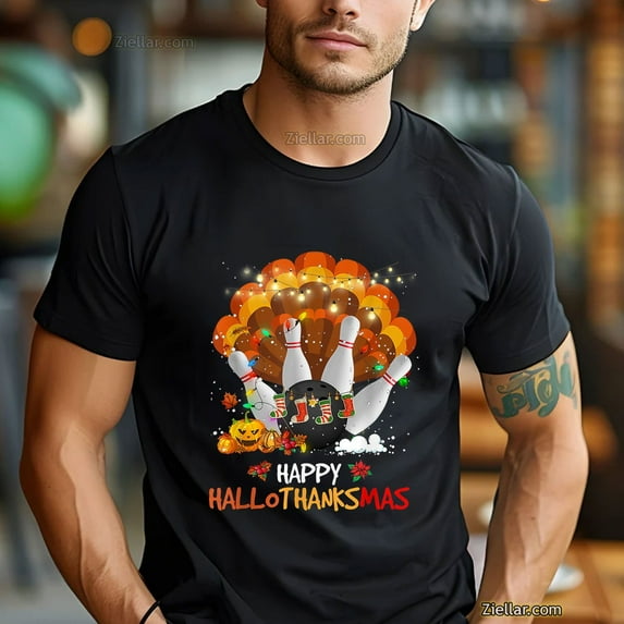 Bowling Lover Hallothanksmas T-Shirt, Funny Halloween Thanksgiving Xmas ...