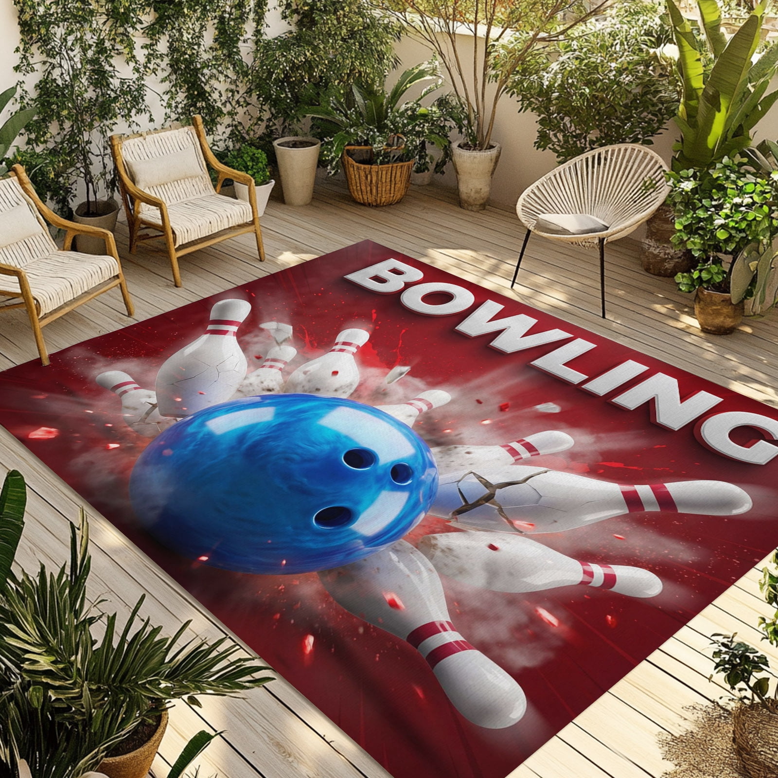 Bowling Outdoor Rug 5x7 ft Vintage Bowling Bottles Ball Red Background ...