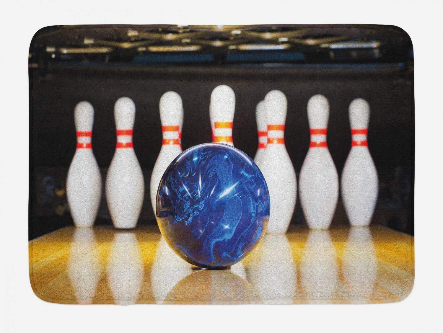 Bowling Party Bath Mat, Blue Abstract Ball on the Lane Pins Close Up ...