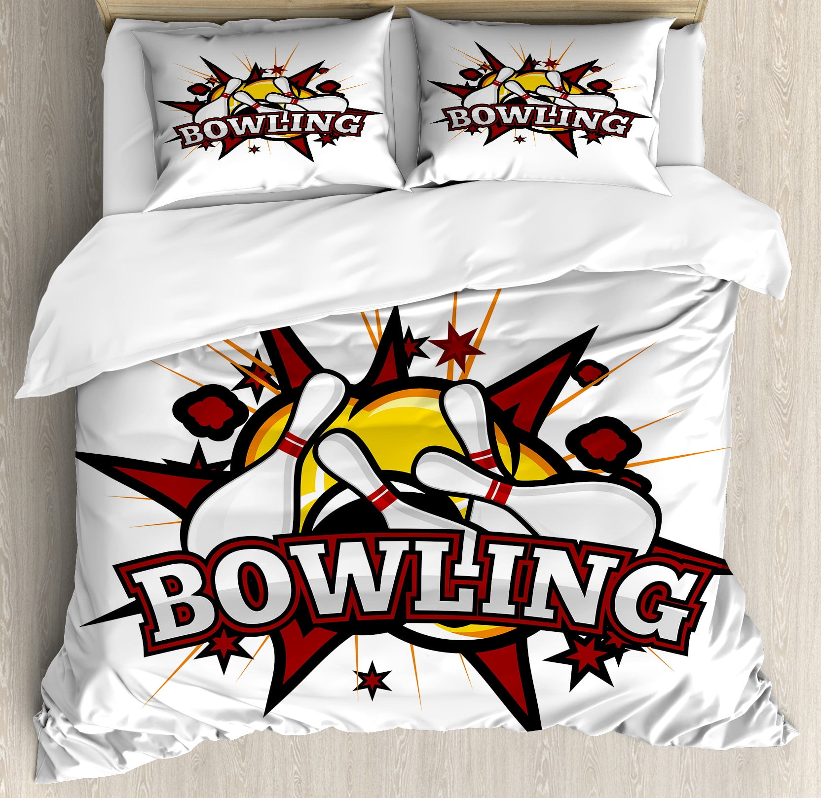 Bowling Party Duvet Cover Set, Cartoon Comic Book Style Design Stars Retro Style with Crash ...