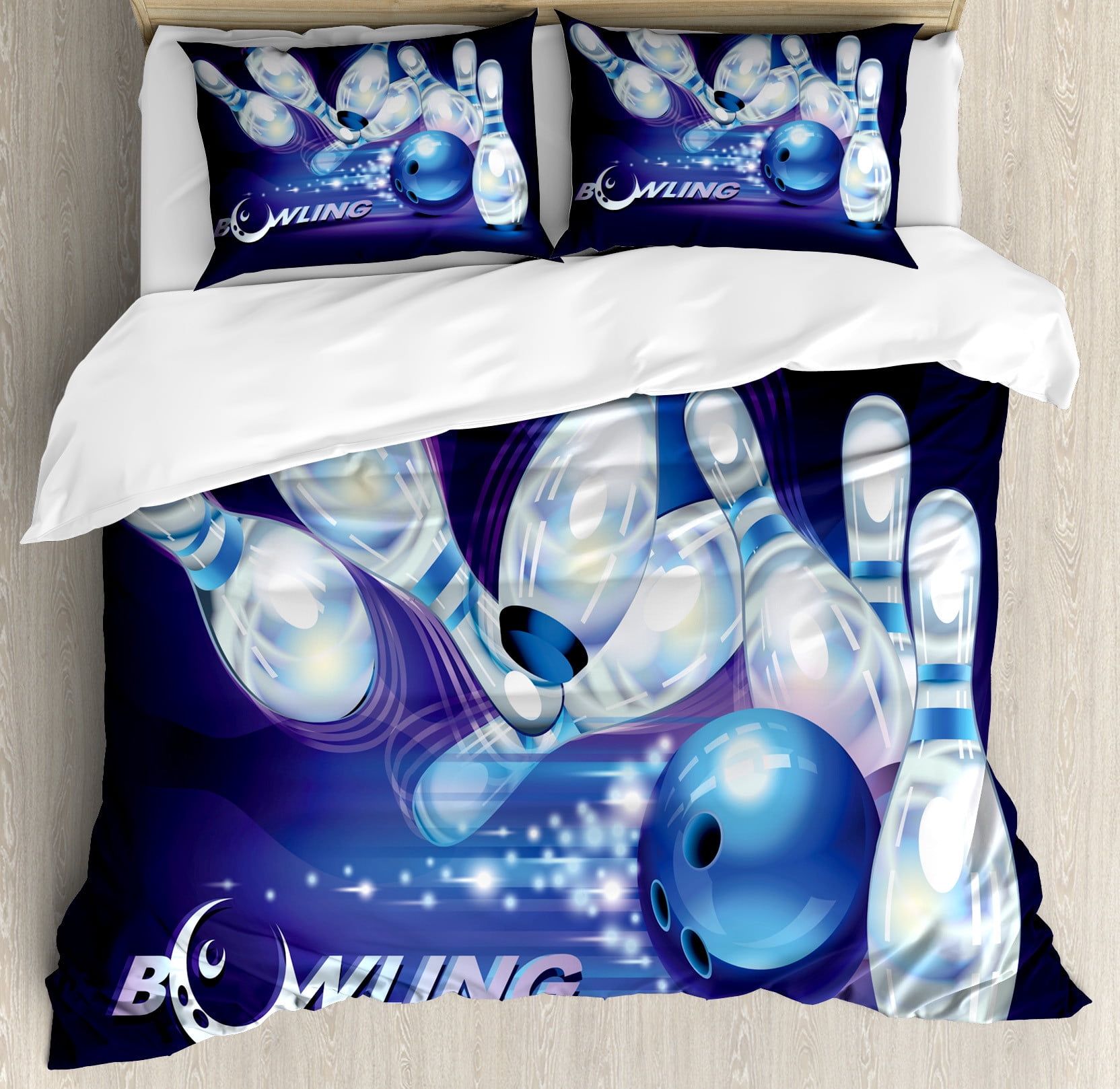 Bowling Party Duvet Cover Set, Fantasy Design Vibrant Ball and Scattered Pins with Crescent Moon ...