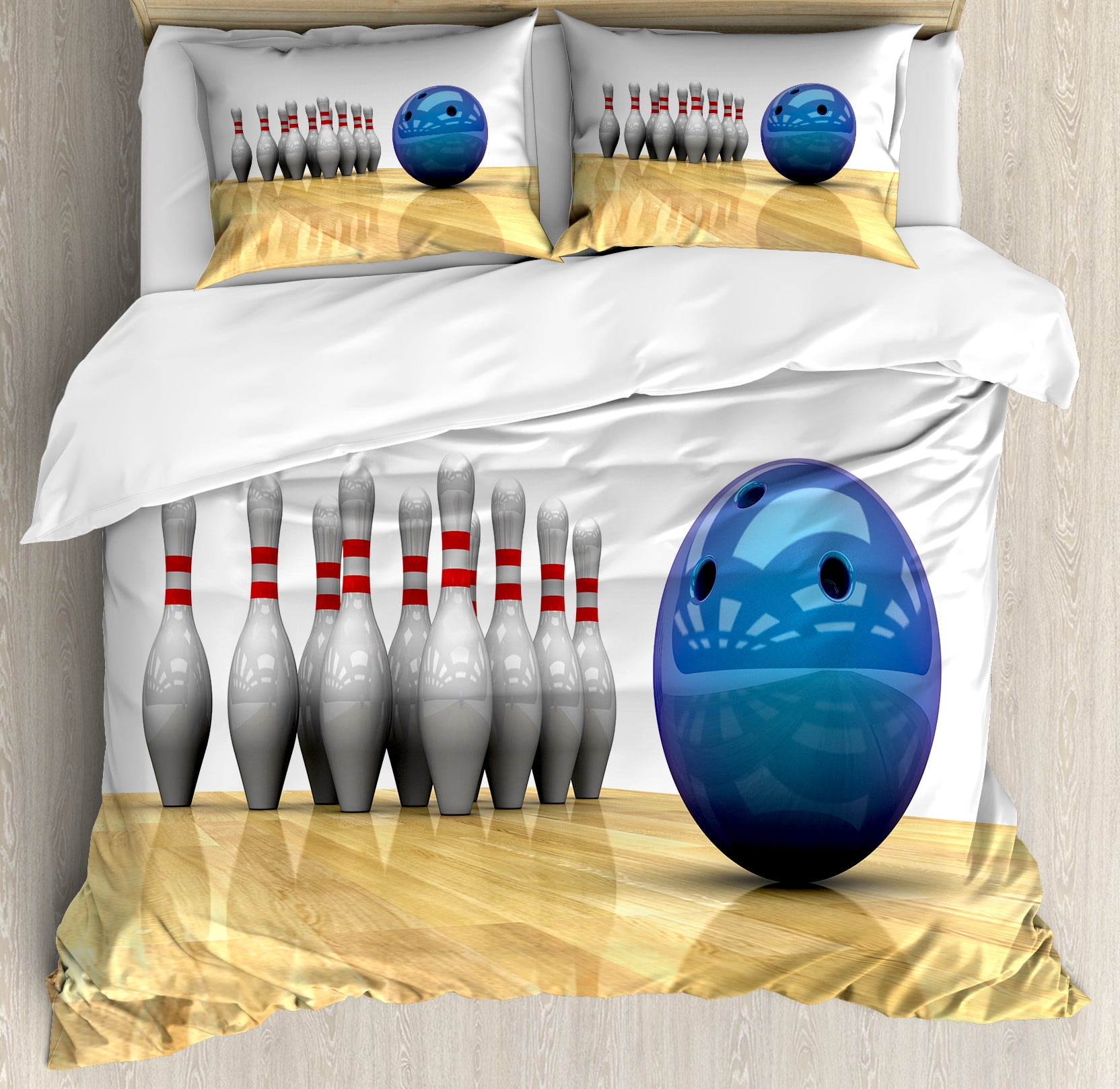Bowling Party Duvet Cover Set, Vivid Objects Ball and Pins on a Parquet ...